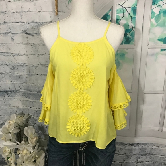 Tops | Lemon Yellow Off The Shoulder Rayon Ruffle Crop Top | Poshmark